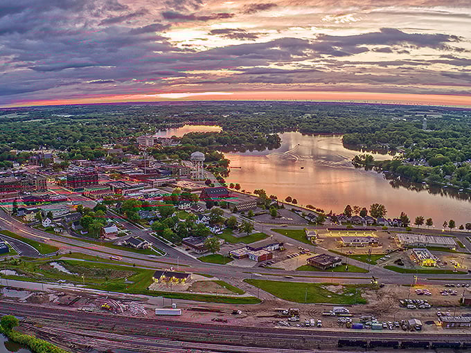 Sunset paints Albert Lea's connected lakes in golden hues, proving the best things in life—like these views—can be surprisingly affordable.