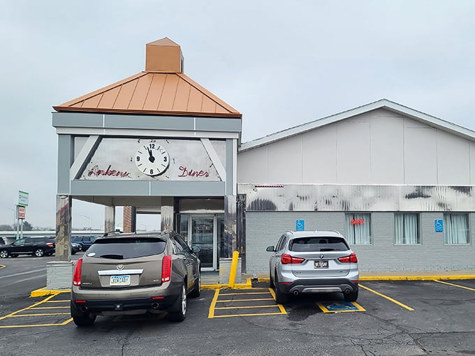 That distinctive clock tower design tells you this place takes time seriously, especially when making perfect hash browns. 