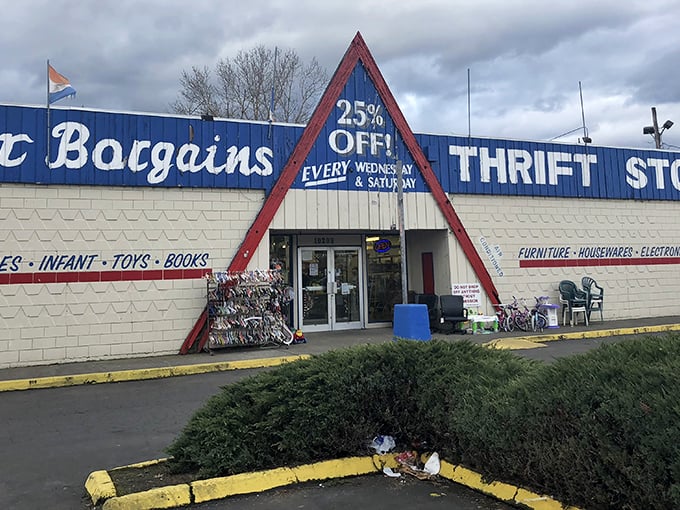 Rain or shine, Better Bargains' distinctive A-frame entrance promises a wonderland of secondhand treasures within.