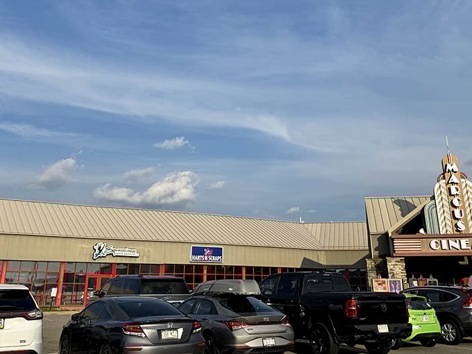 The cinema marquee adds a touch of entertainment to Cedar Creek Mall. Shop, eat, catch a movie—it's the retail trifecta!