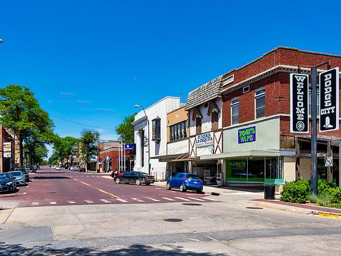 Front Street Dodge City looks ready for a showdown, with historic buildings standing guard like old sentinels.