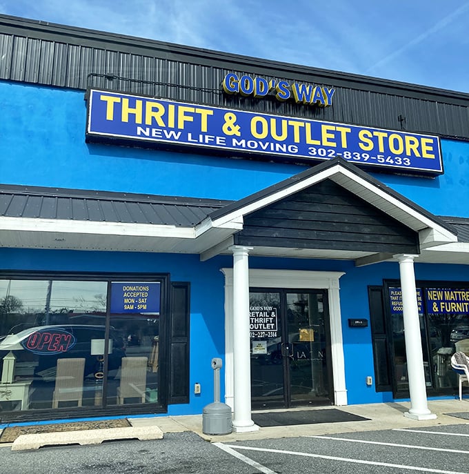 The welcoming entrance to God's Way Thrift Store promises treasures beyond the blue doors. Second chances for furniture and shoppers alike.
