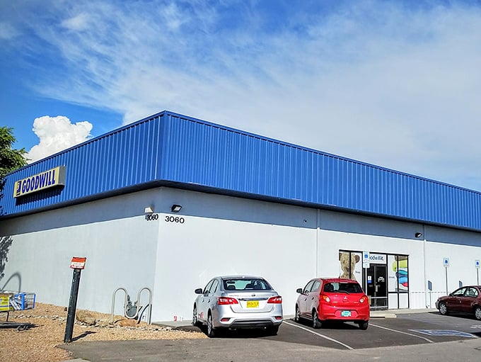 The blue and white exterior promises endless aisles of treasure hunting inside those walls.