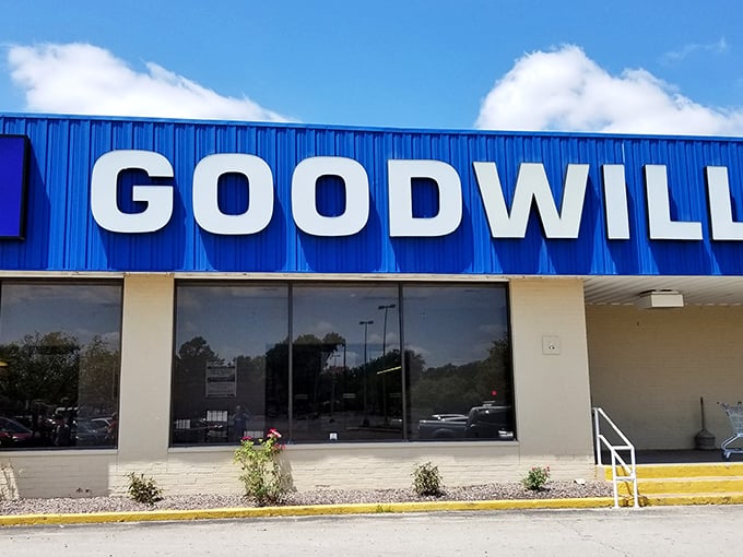 That bold GOODWILL sign against a blue sky promises adventures in affordable shopping that'll make your wallet smile.
