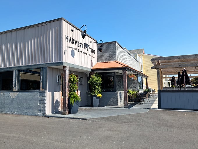 Morning light bathes Harvest Tide's exterior—a humble facade hiding a wonderland of prime cuts and seafood treasures.