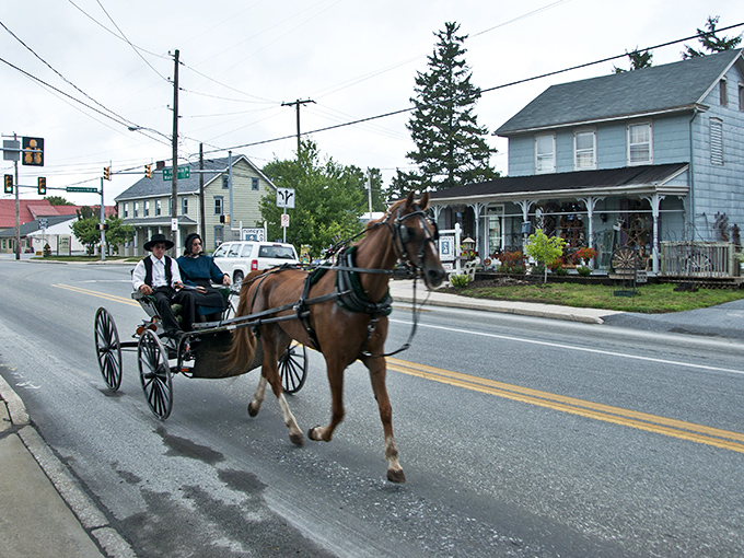 Horse and buggy transportation isn't just for show here—it's how the folks who make your favorite whoopie pies get to work.