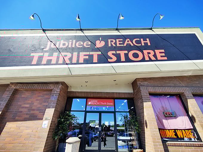 Under clear blue skies, this Bellevue thrift haven stands ready to transform your $35 into an afternoon of discoveries.