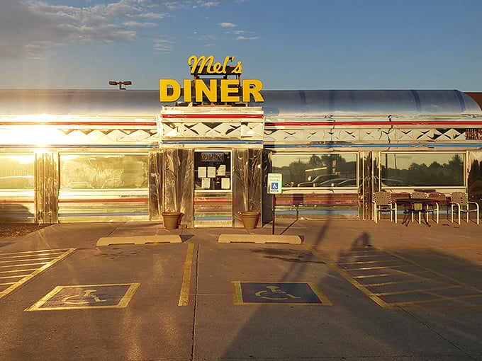 This gleaming diner car serves up nostalgia with a side of the fluffiest pancakes imaginable.