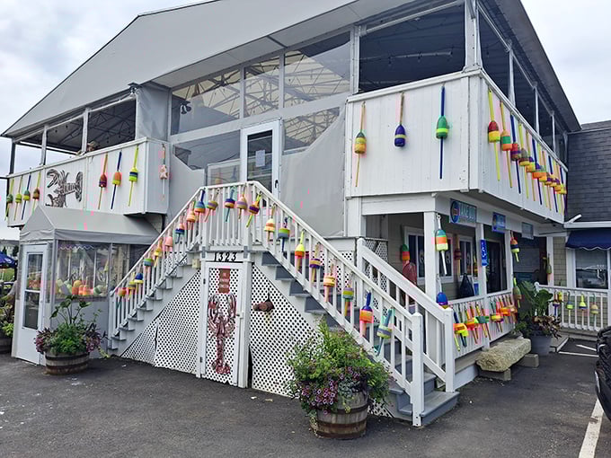 A seafood lover's stairway to heaven! Petey's colorful buoy-adorned exterior practically screams "fresh catch inside!"