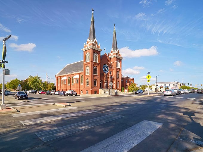 Those twin church spires stand tall over a community where your dollar stretches as far as the eye can see.