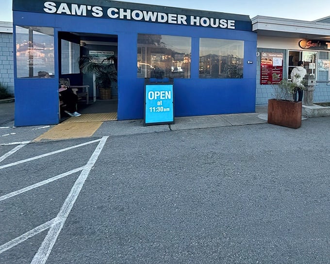 Morning at Sam's Chowder House – where the "Open" sign promises a day of seafood perfection with ocean views.