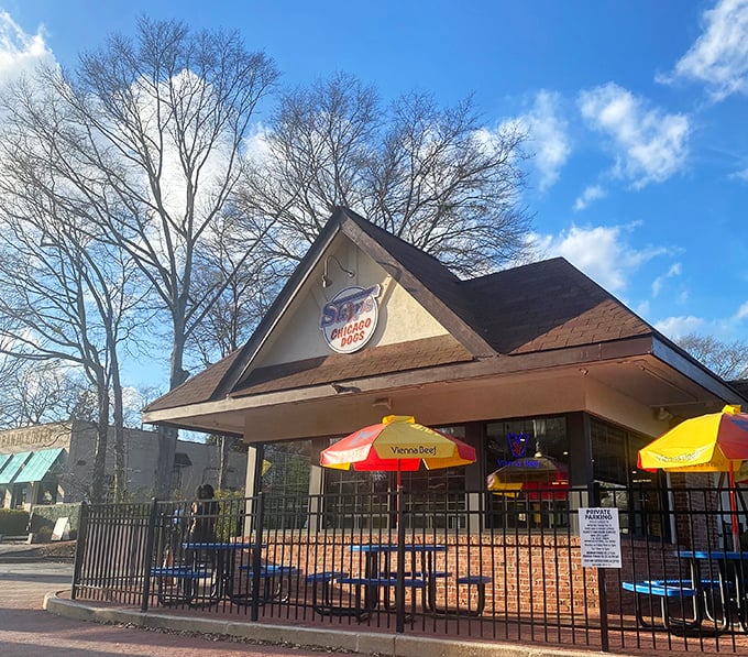 Classic brick meets modern comfort, where every seat offers a front-row view to hot dog heaven.