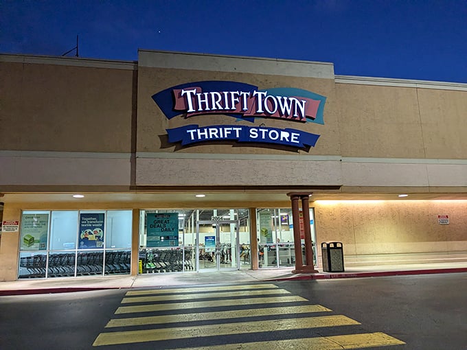 As evening approaches, Thrift Town transforms into a beacon for night owls seeking last-minute treasures.