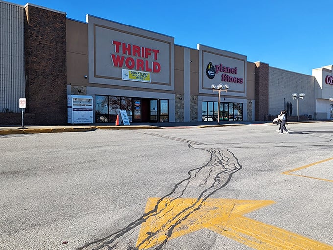 Shopping center simplicity with a thrifting superstar inside—Thrift World delivers more than its modest exterior suggests.