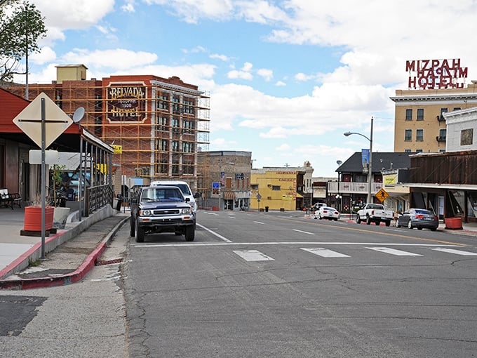 Main Street Tonopah - where tumbleweeds and tourists share the same sidewalk space.