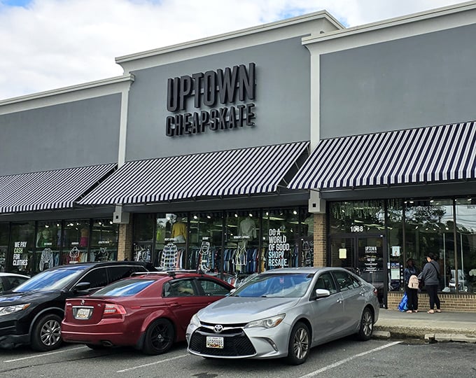 Not your grandmother's thrift store—Uptown Cheapskate's sleek exterior hints at the curated treasures within.