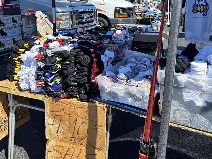 Sock-a-palooza! A mountain of foot fashion that would make Marie Kondo weep—black, white, and rainbow colors promising warm toes and empty wallets.