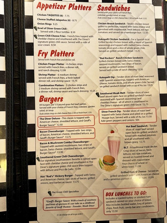 This menu isn't just a list of food—it's a roadmap to happiness. The "Geoff's Burger Sauce" description alone is worth the trip to Moab.