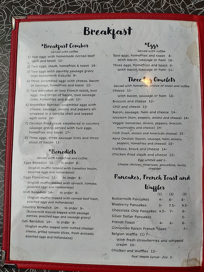 This menu isn't just offering food; it's presenting a manifesto of American breakfast philosophy. The Benedict section alone deserves a doctoral thesis.