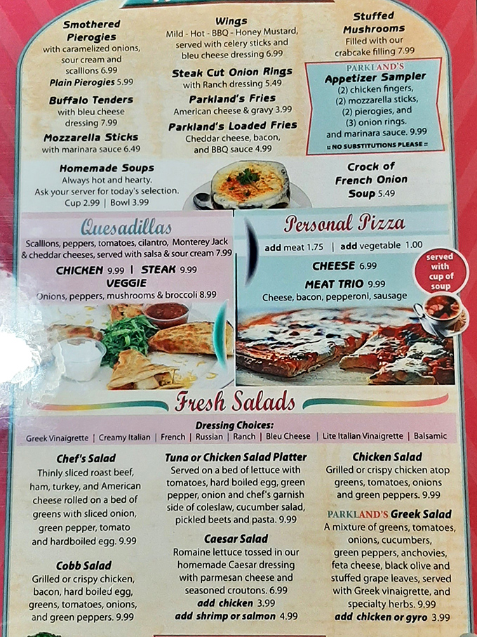 This menu isn't just reading material—it's a roadmap to happiness. Those smothered pierogies are calling your name.
