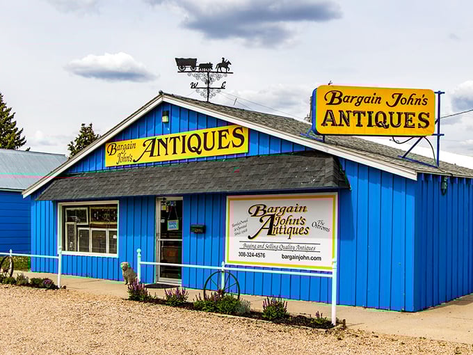 Bargain John's blue exterior isn't just a building—it's a beacon for treasure hunters. That weathervane isn't just pointing north; it's pointing to nostalgia.