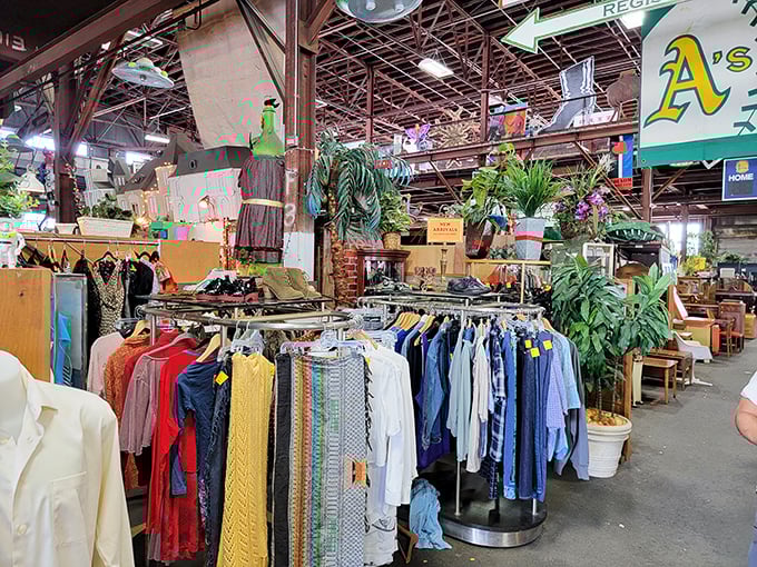 Clothing racks and indoor plants coexist in delightful chaos—where else can you find a vintage Hawaiian shirt and adopt a pothos in one transaction?