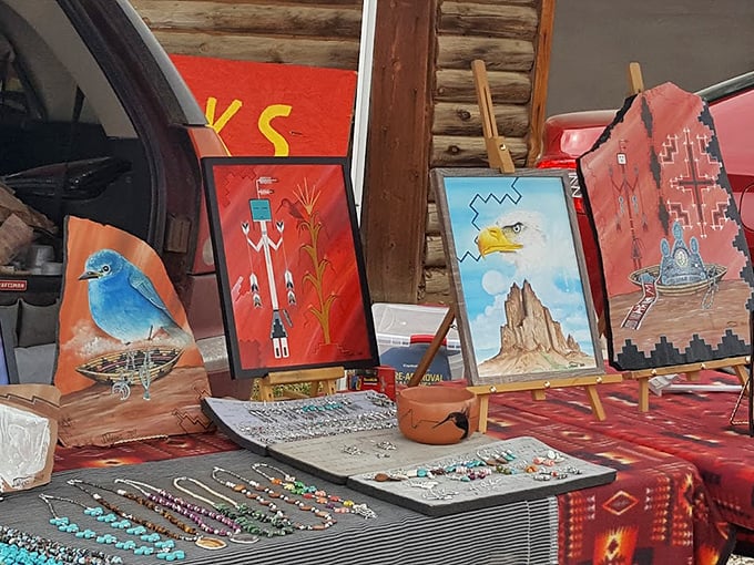 Desert landscapes, spirit beings, and soaring eagles—these aren't just paintings, they're windows into the soul of the Southwest, displayed on humble easels.