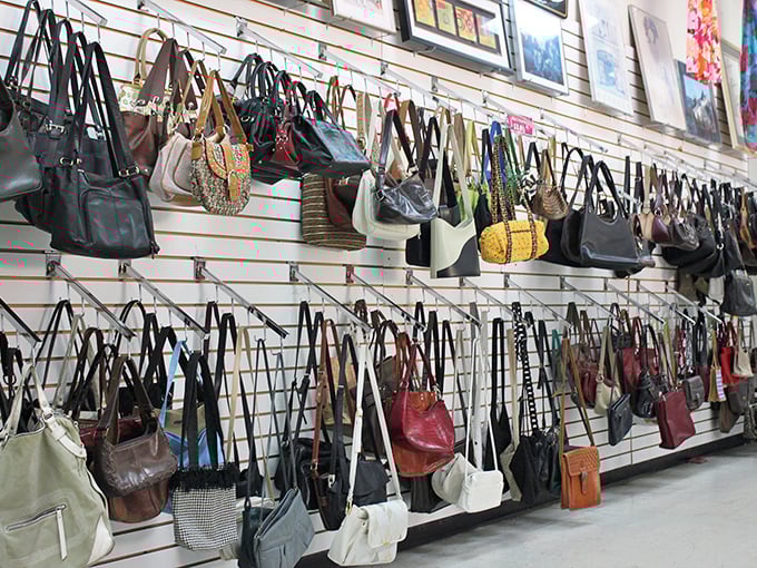 Wall-to-wall handbag heaven! Each purse tells a story—some designer, some vintage, all waiting for their second act in your wardrobe rotation.