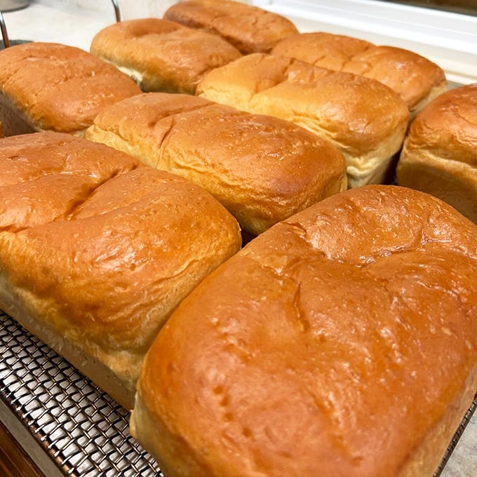Golden loaves of homemade bread cooling on racks—the kind that makes your supermarket bread hang its head in shame.