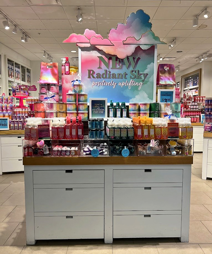 Bath & Body Works' "Radiant Sky" display—where your nose makes purchasing decisions your wallet wasn't consulted about.