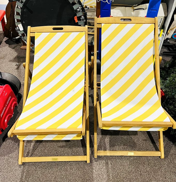 Sunny yellow beach chairs waiting for their second act—perfect for backyard lounging or impromptu performances of "Beach Blanket Bingo."