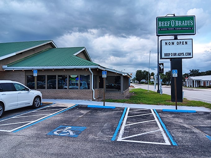 Where everybody knows your name—Beef 'O' Brady's offers that perfect blend of good food and local camaraderie. The green roof signals "budget-friendly good times ahead."