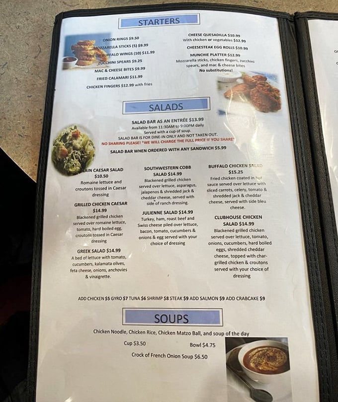 The menu reads like a love letter to American classics—from mozzarella sticks to buffalo chicken salad—each promising the kind of satisfaction only diner food delivers.