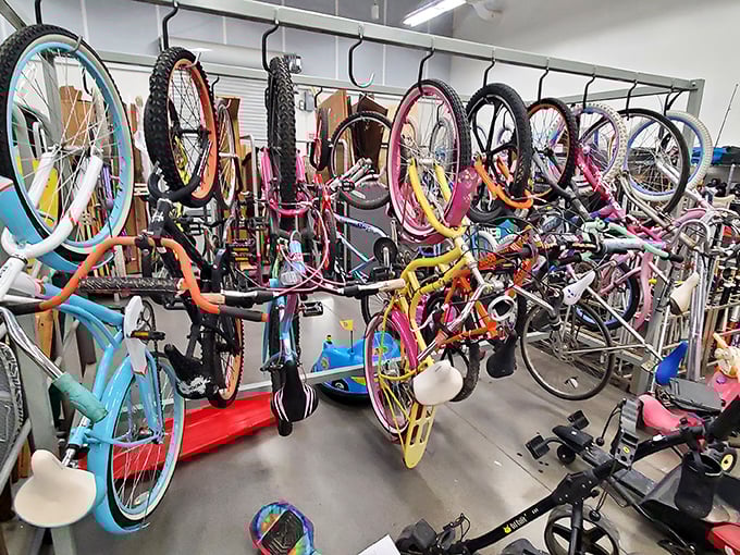 A rainbow of bicycles hangs in suspended animation, waiting for their next adventure. From first bikes to mountain trail companions, all priced less than a tank of gas.