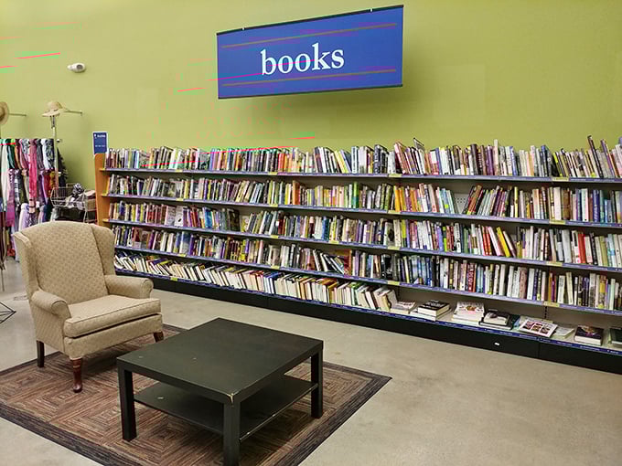 The book section—complete with comfy reading chair—is where bibliophiles lose track of time and somehow acquire fifteen paperbacks they didn't know they needed.