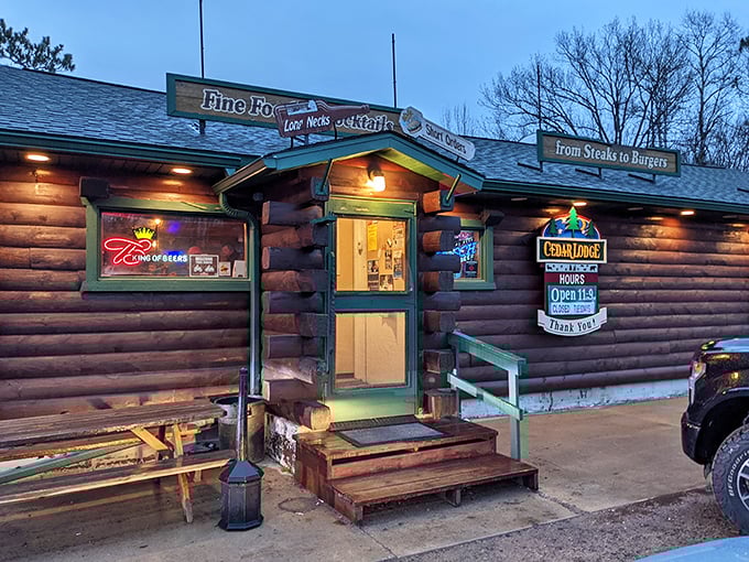 Cedar Lodge's rustic log exterior isn't just for show—it's a promise of authentic northwoods dining inside, where Wisconsin supper club traditions are alive and well.
