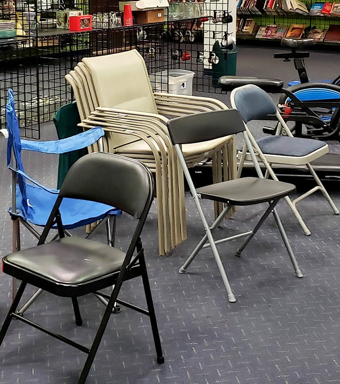 The chair section: where office castoffs and dining room refugees find new purpose. That blue folding number might just be your next beach companion.