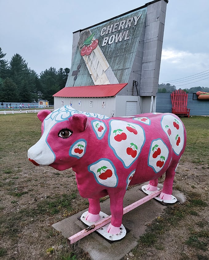 Meet the cherry-spotted bovine mascot – part cow, part fruit salad, all charm.