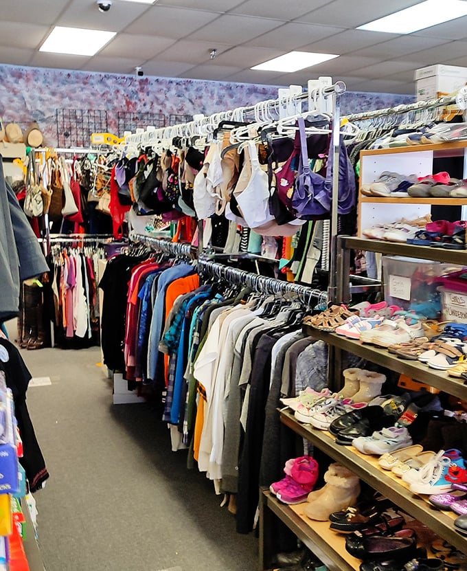 The clothing section rivals Narnia's wardrobe—endless racks containing decades of fashion history and tomorrow's vintage finds.