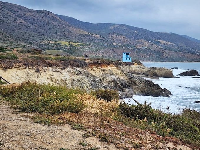 The Santa Monica Mountains create a dramatic backdrop as they tumble toward the sea. This view alone is worth the drive up PCH.