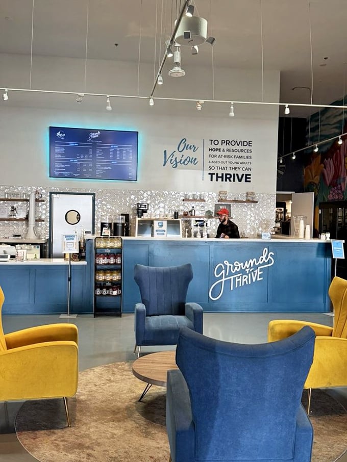 Who says thrift stores can't be civilized? This café corner proves caffeine and bargain hunting are perfect partners.