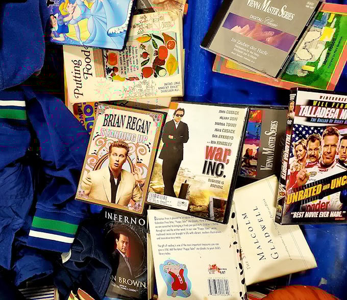 Media treasure trove! From Brian Regan's comedy to forgotten blockbusters, these blue bins hold the entire cultural timeline of our DVD-collecting past.