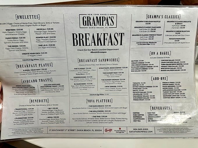 The menu board of dreams! Benedicts, Nova platters, and omelets galore – decision paralysis has never been so delicious.