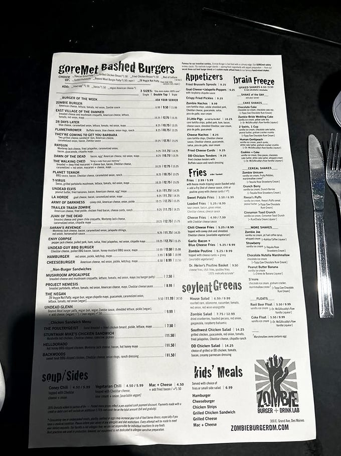 The menu reads like a horror movie festival program, but with more cheese options. Each burger name deserves its own trailer and cult following.