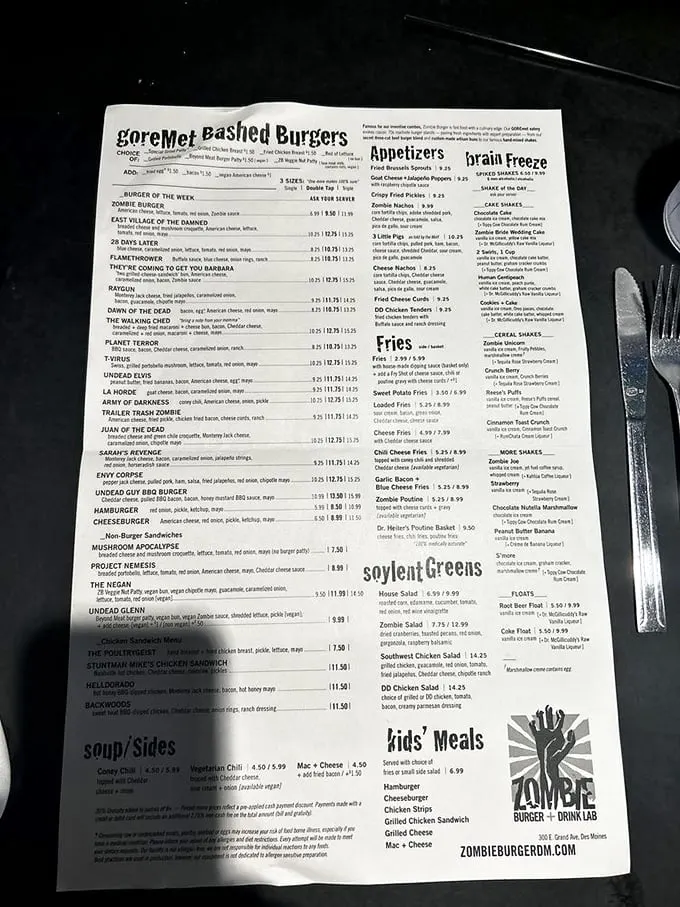 The menu reads like a horror movie festival program, but with more cheese options. Each burger name deserves its own trailer and cult following.