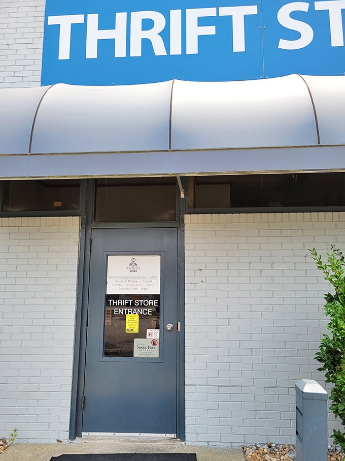 Step through this doorway and prepare to lose track of time – the thrift store entrance is a portal to possibility.