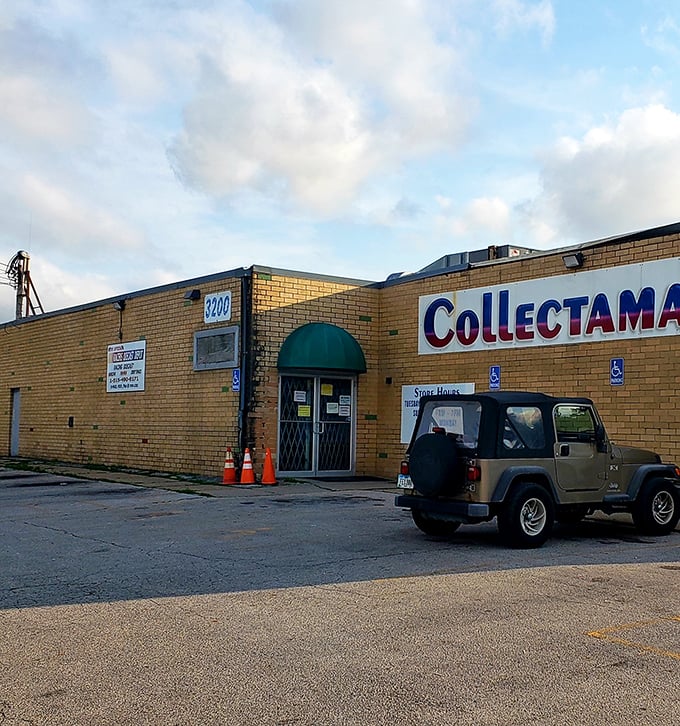 That green awning marks the threshold between ordinary life and a dimension where nostalgia reigns supreme. The TARDIS of antique stores awaits.
