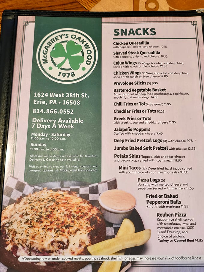 The menu reveals McGarrey's Irish soul with its shamrock logo. Those pizza logs and Reuben pizza aren't just food – they're edible happiness.