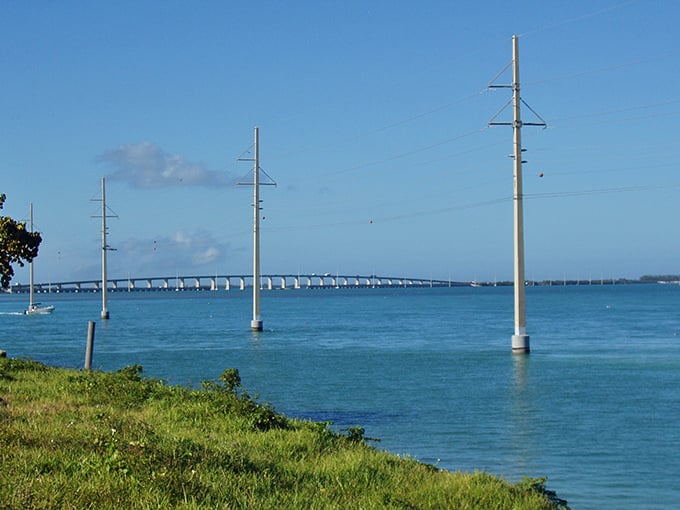 Those utility poles standing in the water aren't just functional—they're like breadcrumbs marking where Henry Flagler's ambitious railroad once connected these islands.