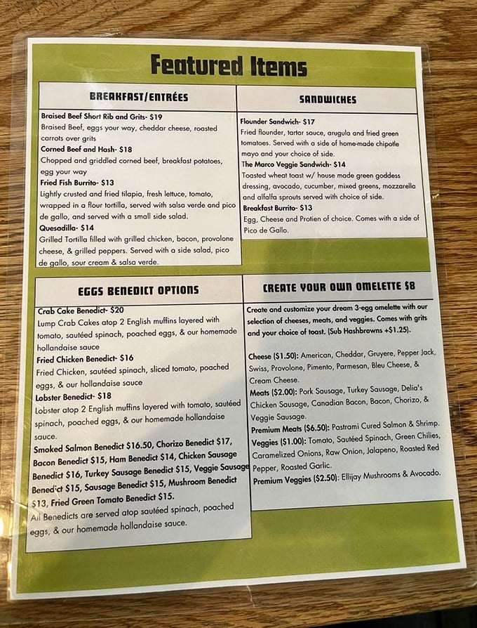This menu isn't just a list—it's a roadmap to happiness. Benedict options alone could keep you coming back weekly for months.